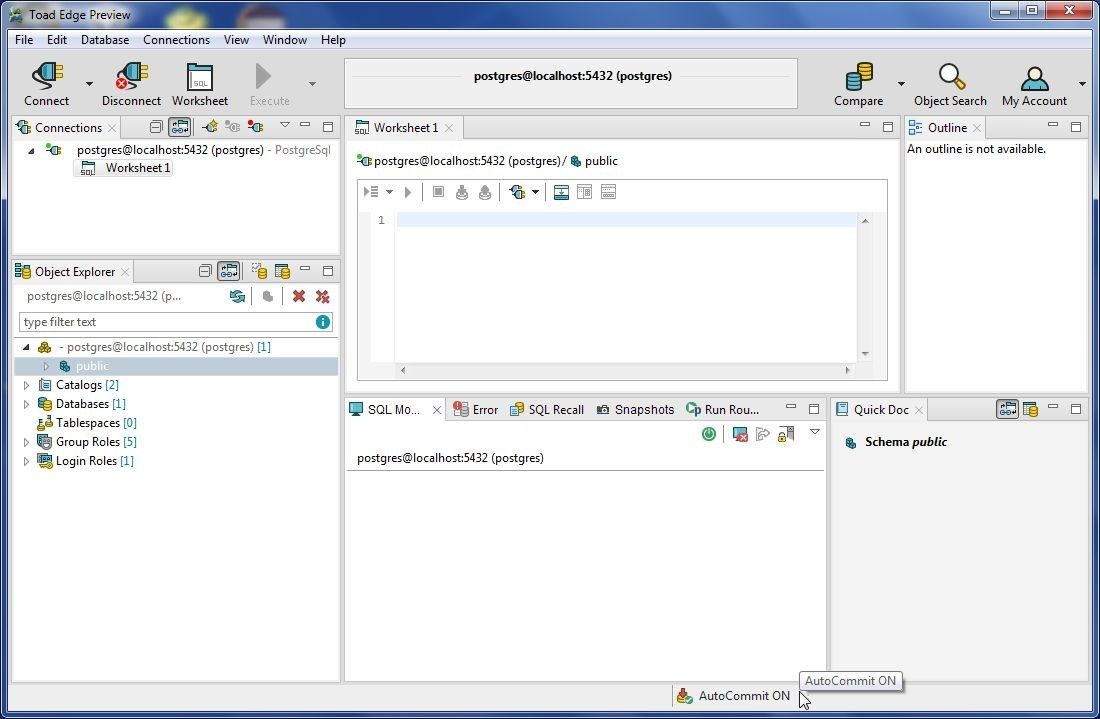 Using Toad Edge 2.0 with PostgreSQL 10