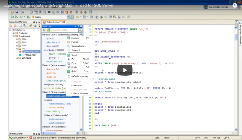 Toad for SQL Server - Exploring large scripts with Script Map