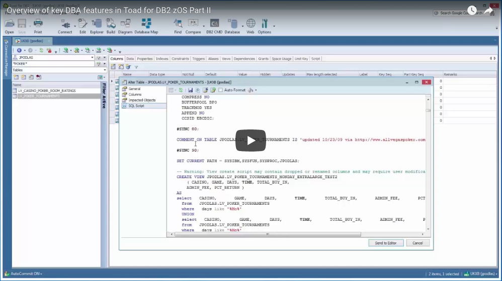 Overview of key DBA features in Toad for DB2 zOS Part II