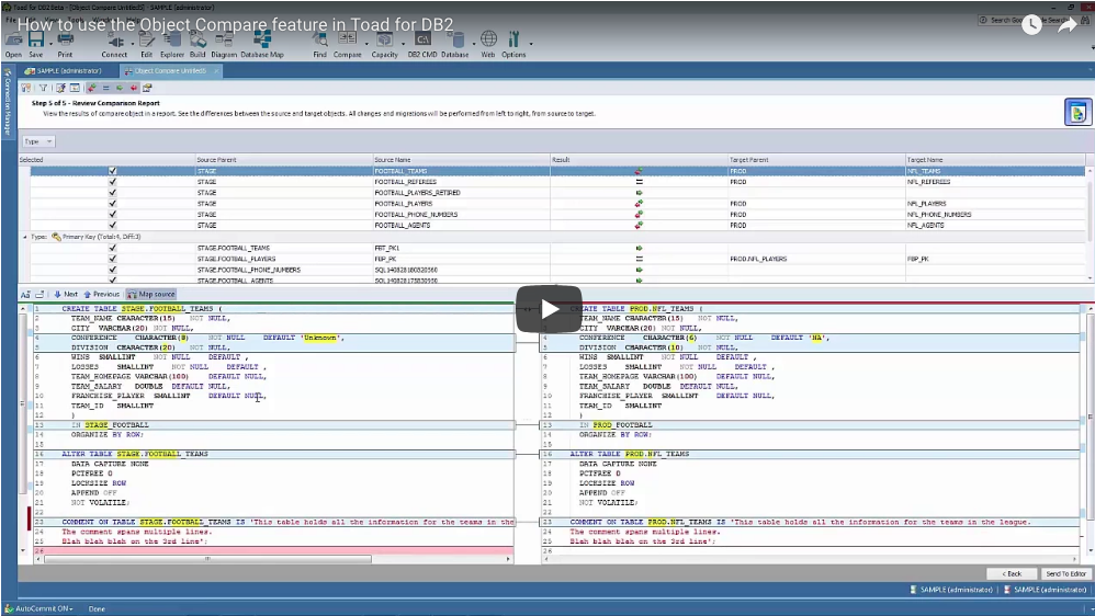 How to use the Object Compare feature in Toad for DB2