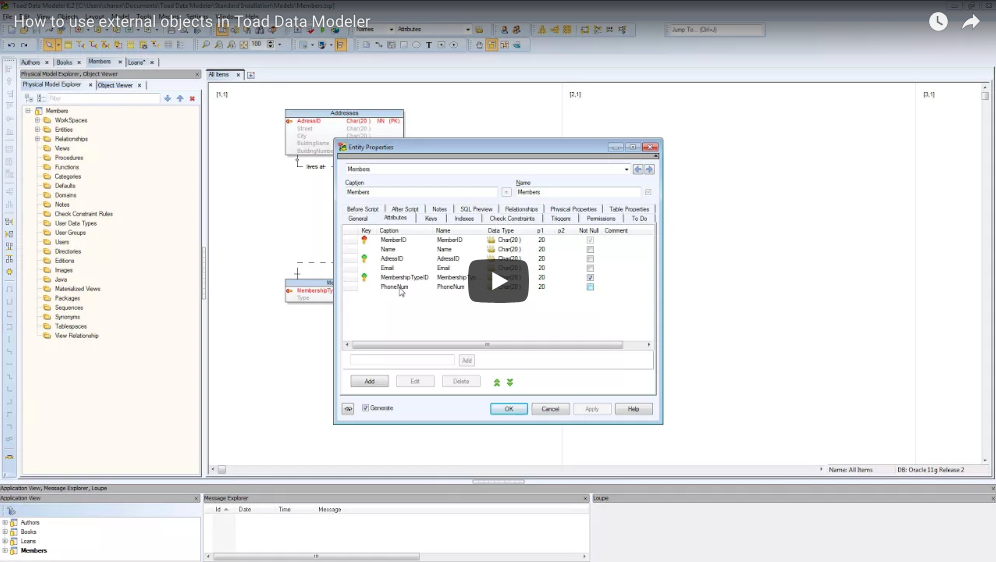 How to use external objects in Toad Data Modeler
