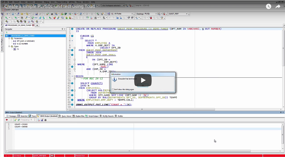 Create a simple PL/SQL unit test using Toad