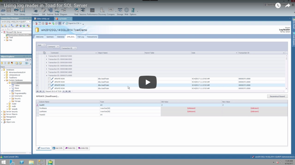 Toad for SQL Server - Using Log Reader
