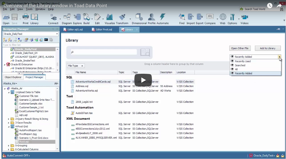 Overview of the Library window in Toad Data Point
