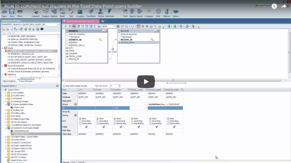 How to comment out clauses in the Toad Data Point query builder
