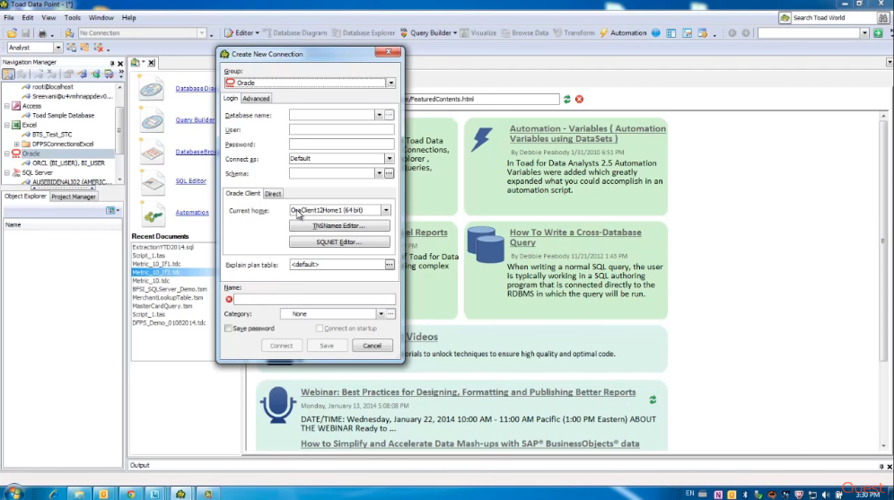 How to make a native connection to an Oracle database using Toad Data Point