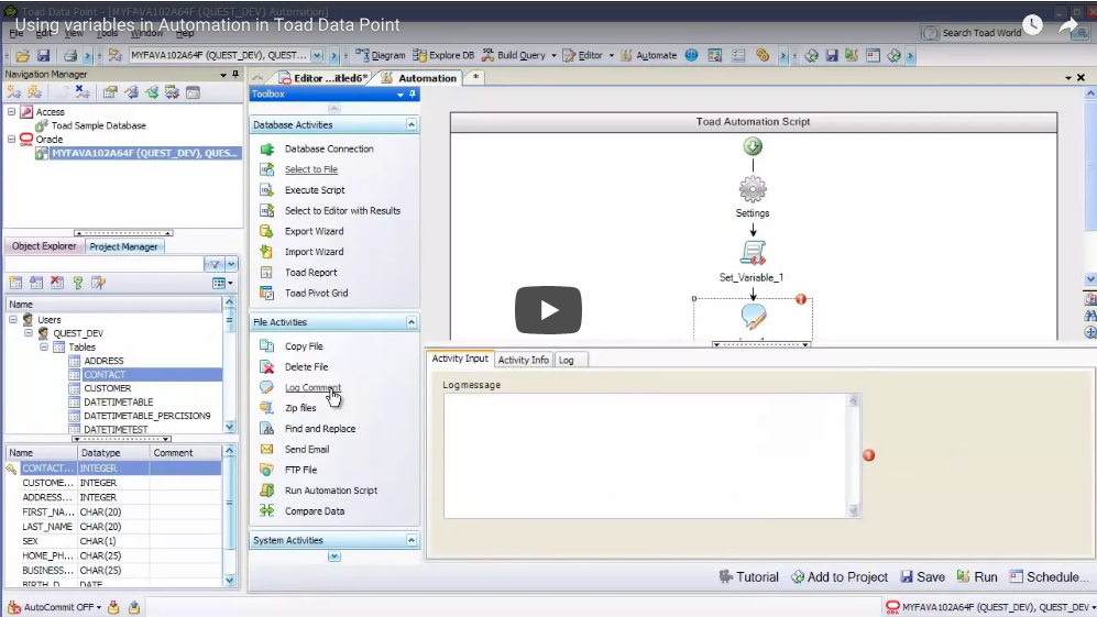 Using variables in Automation in Toad Data Point
