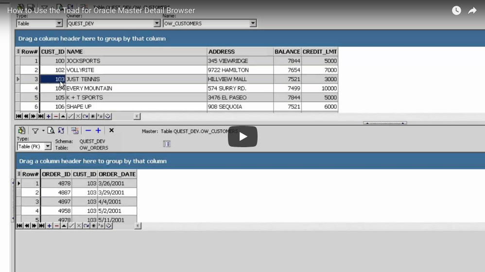 Toad for Oracle - Master Detail Browser