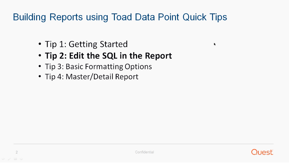 Building Reports with Toad Data Point - Tip #2: Edit the SQL in the Report